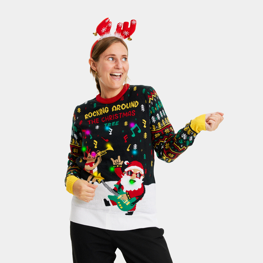 Led Light Up Couples Ugly Christmas Sweater Santa Rocker Ugly