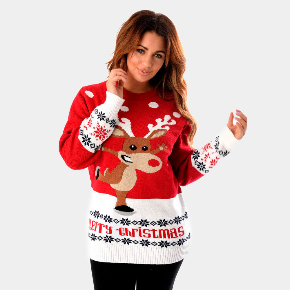 Womens Red Ugly Christmas Sweater with Skating Reindeer – Ugly ...